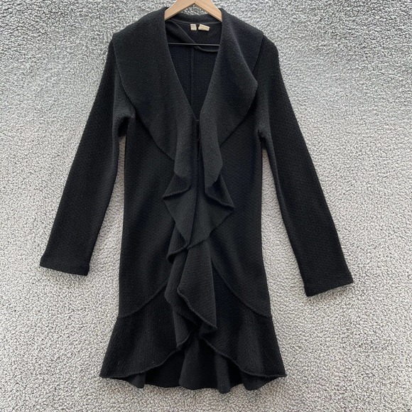 Moth | Sweaters | Moth Sweater Black Merino Wool Ruffle Front Duster ...